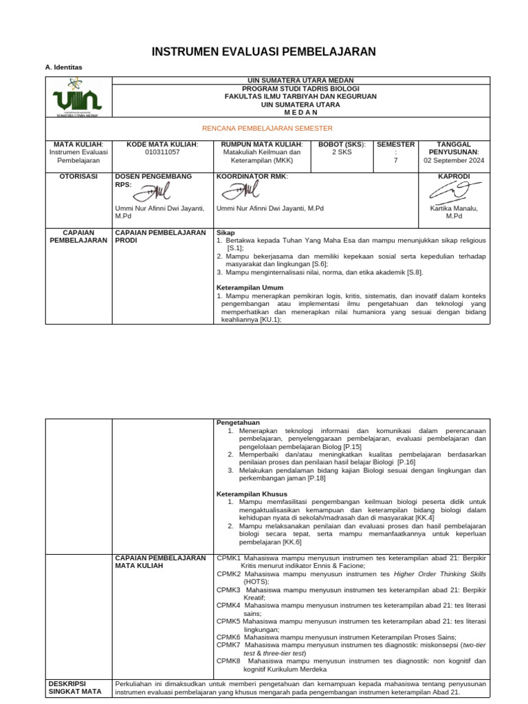 RPS Instrumen Evaluasi Pembelajaran TBIO 2024 | PDF