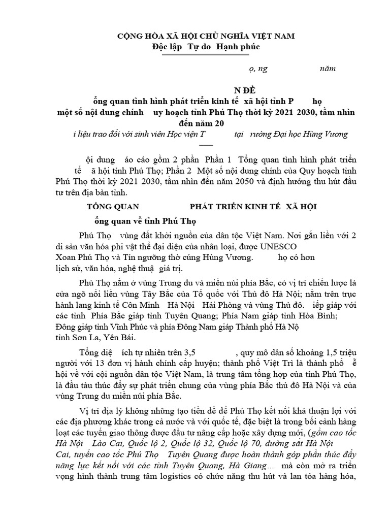 Báo cáo tổng quan phát triển KT XH tỉnh Phú Thọ - 26.3.2024 | PDF