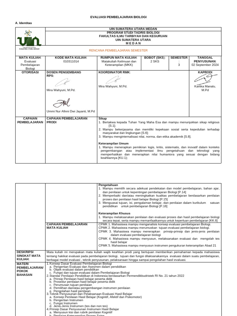 RPS Evaluasi Pembelajaran Biologi | PDF