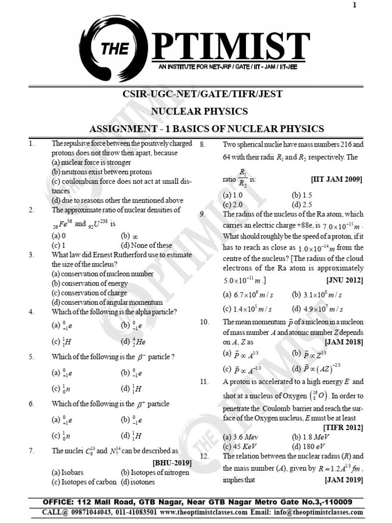 025ad42749ebb-Assginment - 1 Basics of Nuclear Physics | PDF