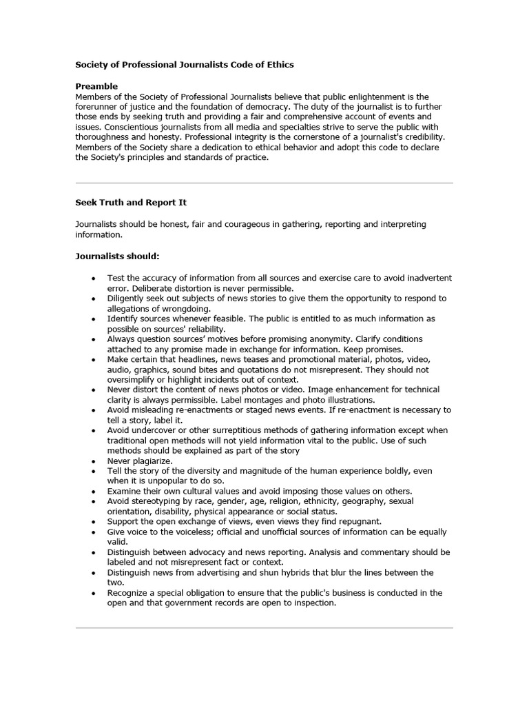 Society of Professional Journalists Code of Ethics | PDF