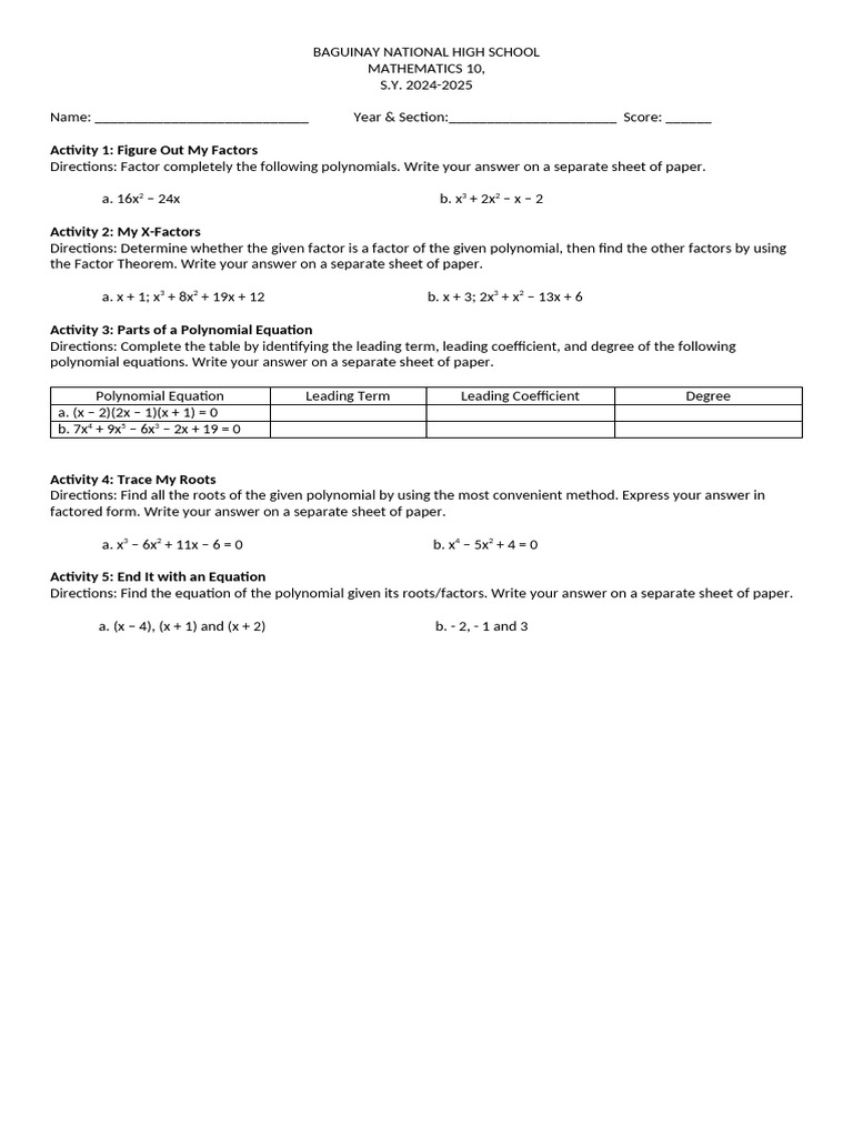 Mathematics 10 Quarter 1 Week 8 Activity2024 | PDF | Teaching Methods ...