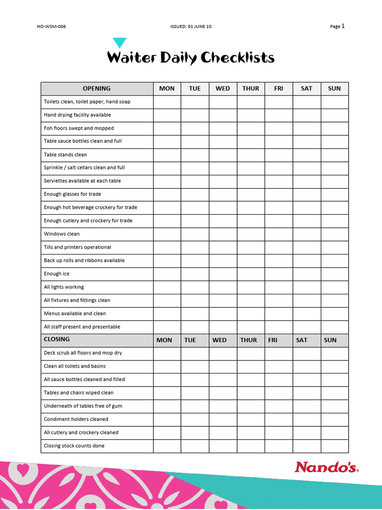 Work Station Management Waiter Daily Checklist | PDF | Art