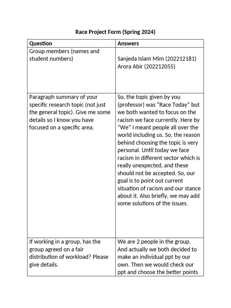 Race Project Form | PDF