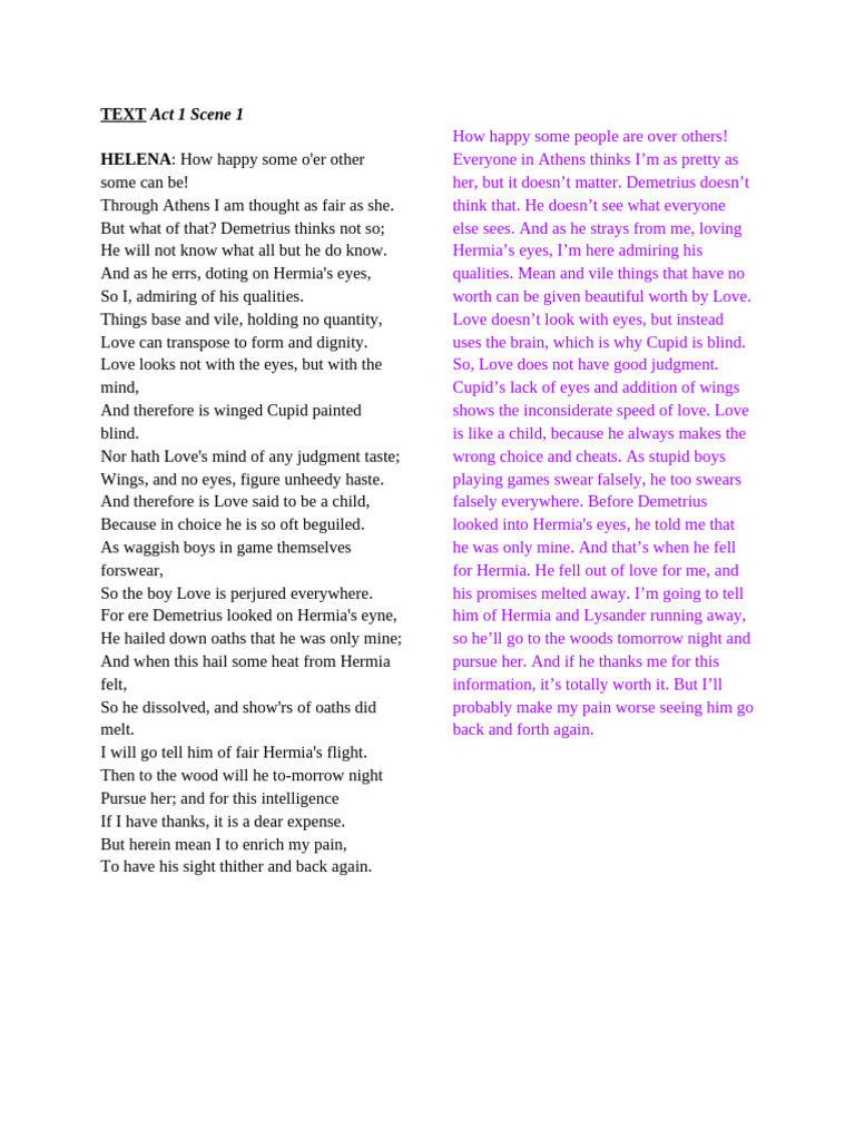 Helena, Midsummer Nights Dream, Act 1 Scene 1 Translation | PDF