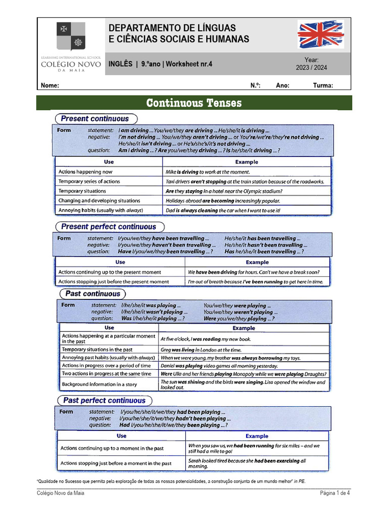 Ws 4 - Continuous Tenses | PDF