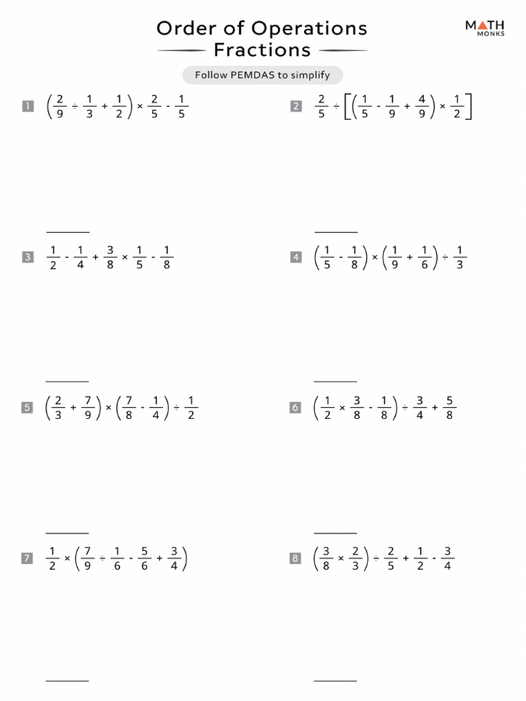 Order of Operations With Fractions and Mixed Numbers Worksheet | PDF