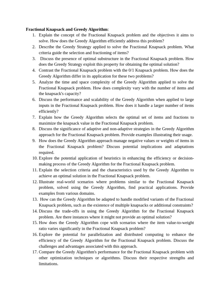 Sample Viva Questions Fractional Knapsack And Greedy Algorithm Pdf Algorithms Computer