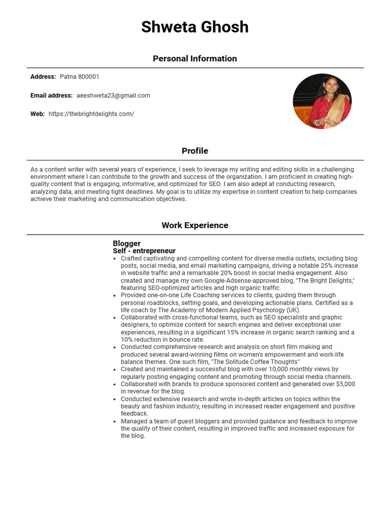 (FREE COPY) Shweta Ghosh Resume | PDF