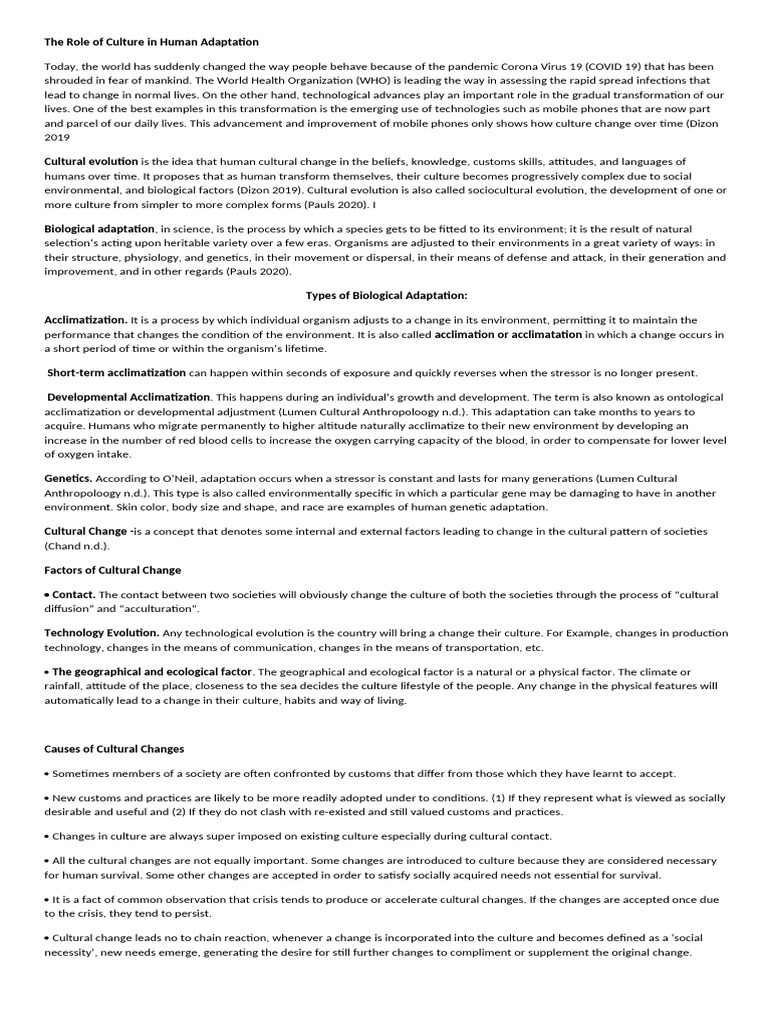 Culture's Impact on Human Adaptation | PDF | Adaptation | Evolution