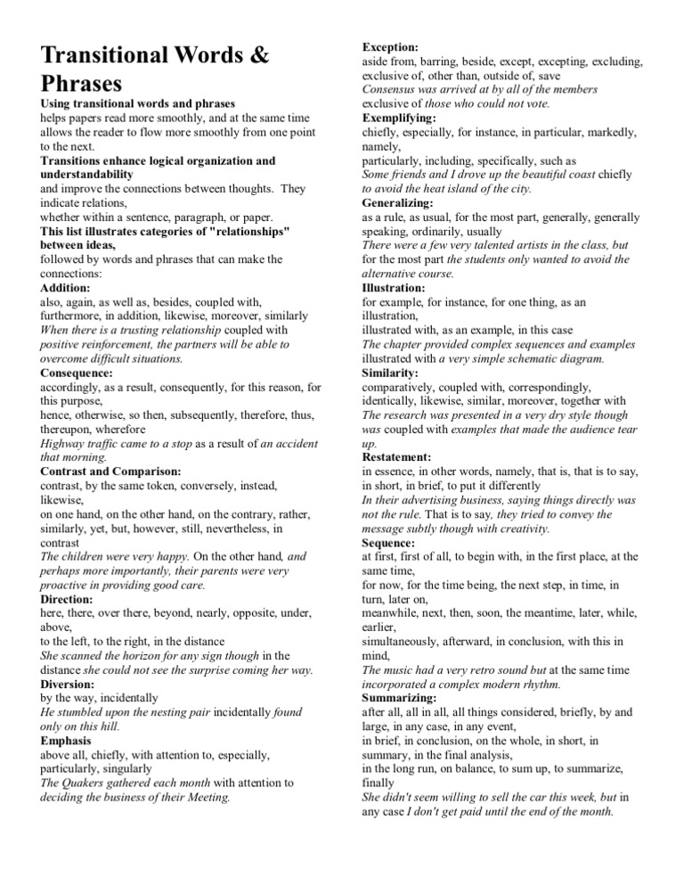 Transitional Words | PDF | Quakers | Reason