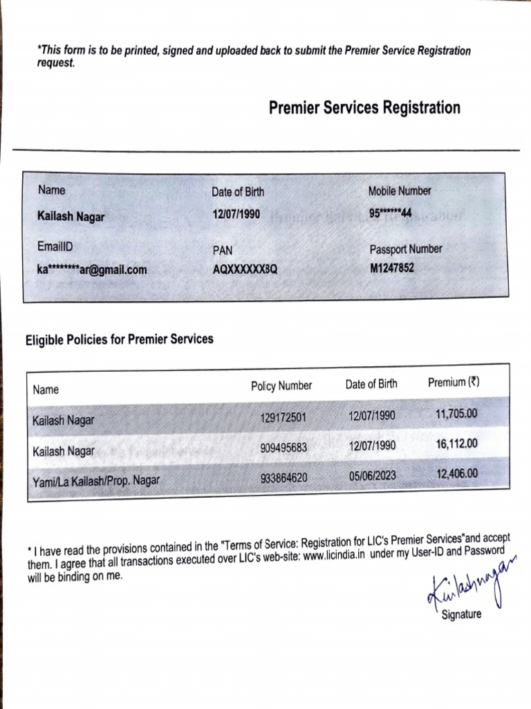 LIC Premier Service Registration | PDF