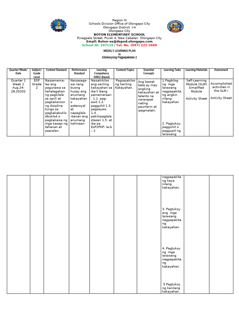 Esp2 Weekly Learning Plan | PDF | Learning | Behavior Modification