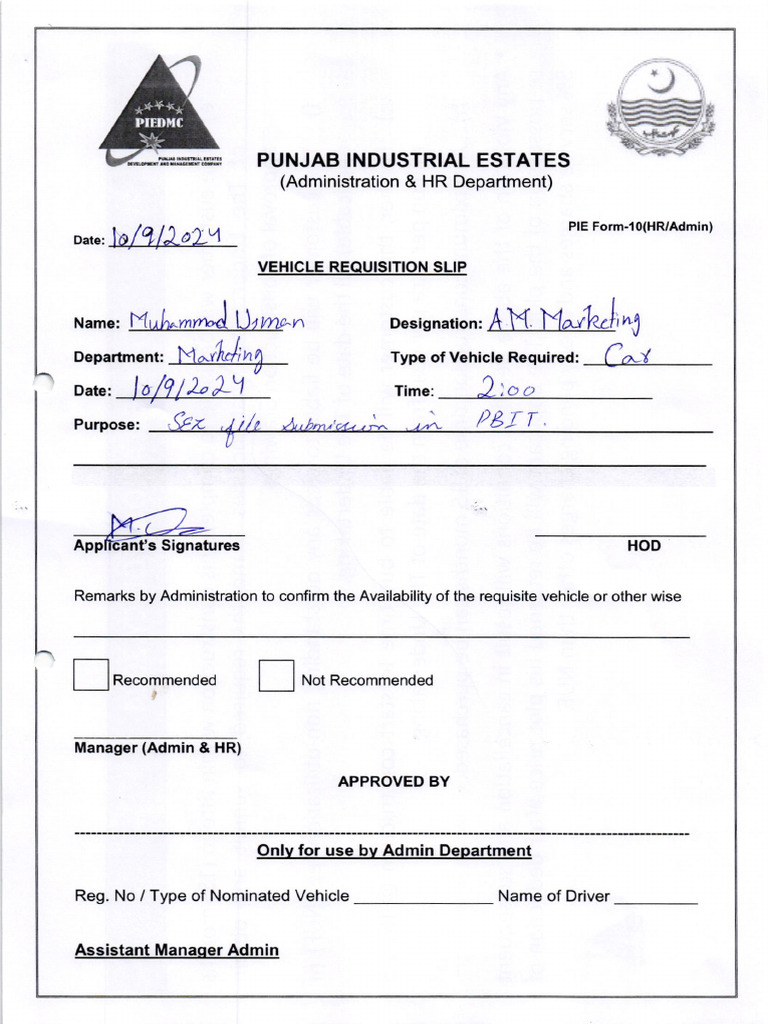 Vehicle Requisition Slip | PDF