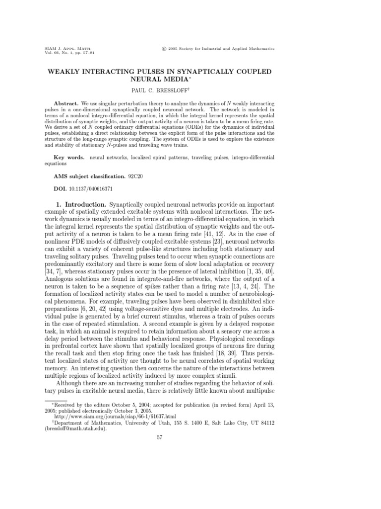 Paul C. Bressloff - Weakly Interacting Pulses in Synaptically Coupled Neural Media | PDF ...