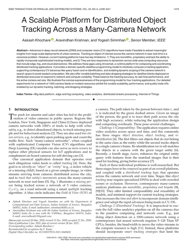 A Scalable Platform For Distributed Object Tracking Across A Many Camera Network Pdf Deep