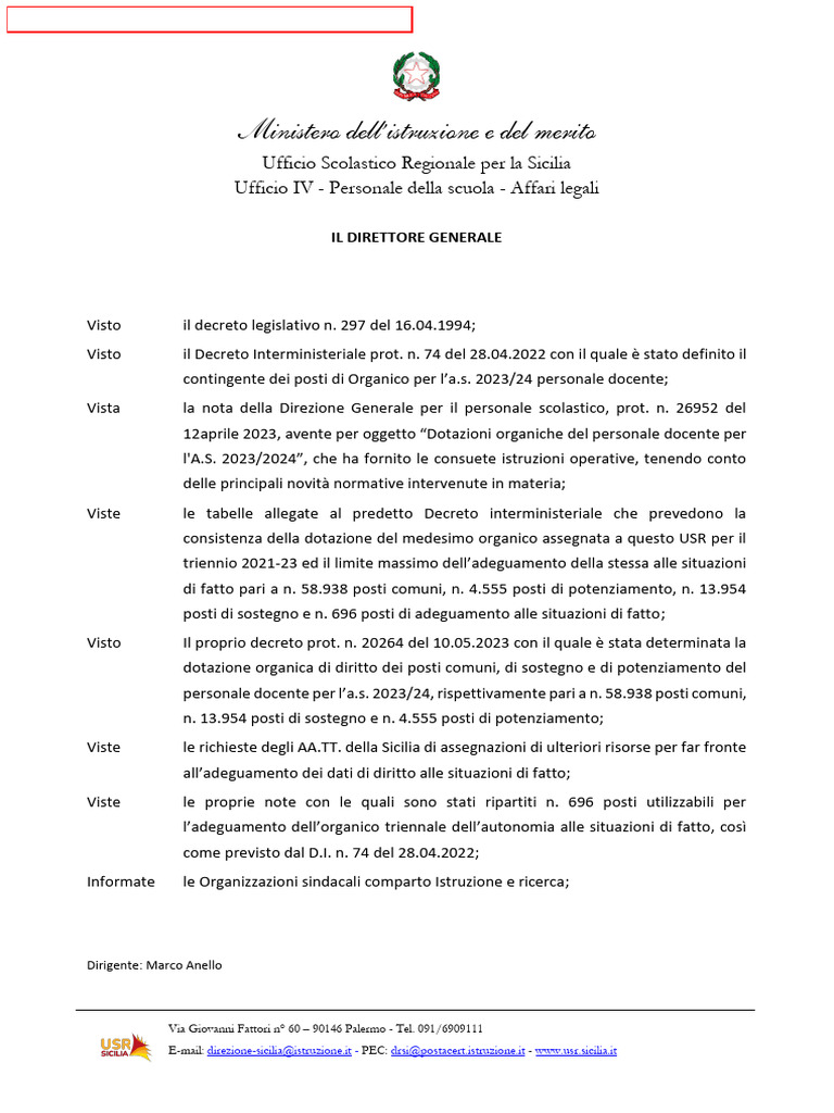 Decreto Organico Di Adeguamento Personale Docente A.S. 2023 2024 | PDF