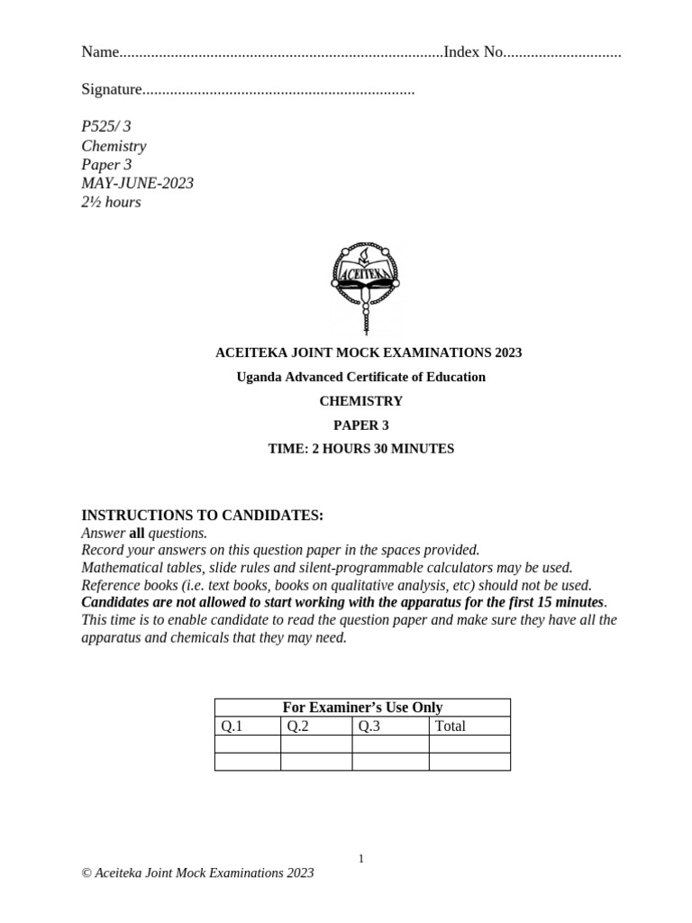 Aceiteka Joint Mock Examinations 2023 Chemistry S.6 | PDF