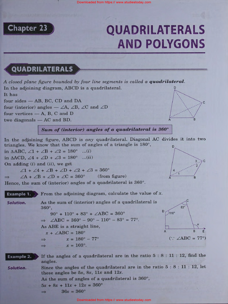 ICSE Class 8 Maths Chapter 23 Quadrilaterals and Polygons | PDF
