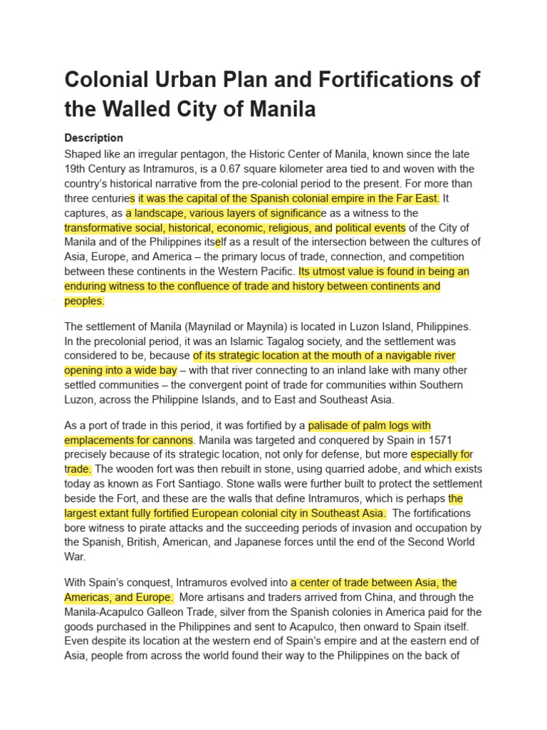 Colonial Urban Plan and Fortifications of The Walled City of Manila | PDF
