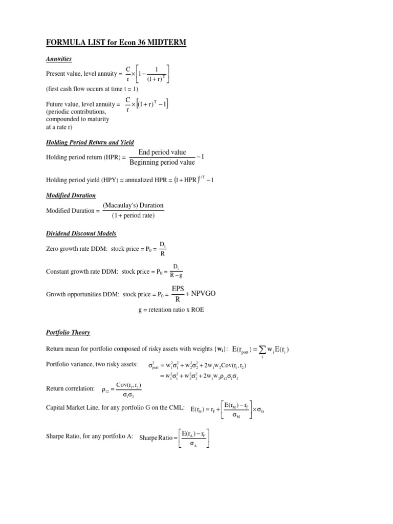 Formula Sheet-MIDTERM-Wtr15 | PDF