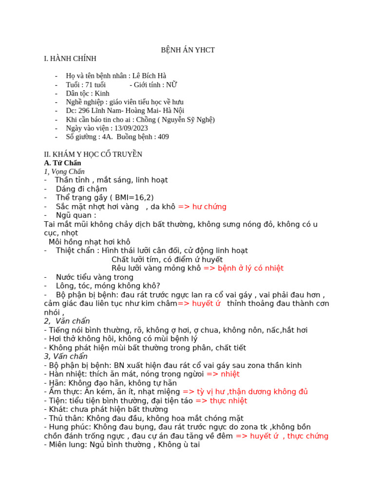 Bệnh Án Yhct Của Trang | PDF