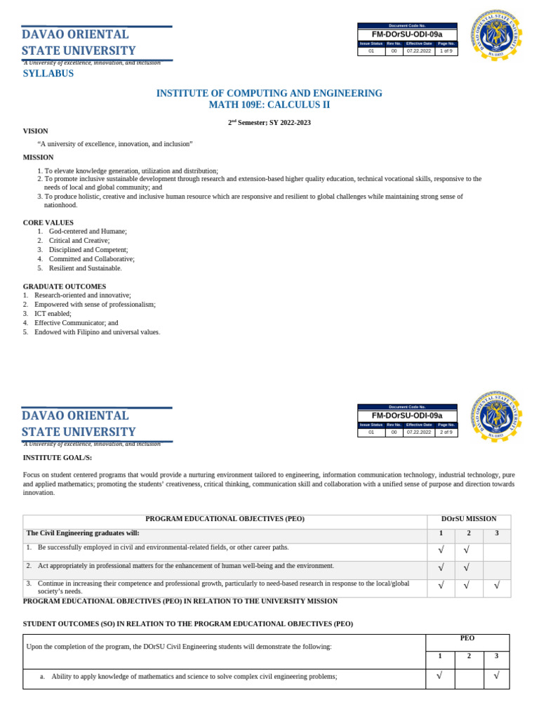 Davao Oriental State University: Syllabus Institute of Computing and ...