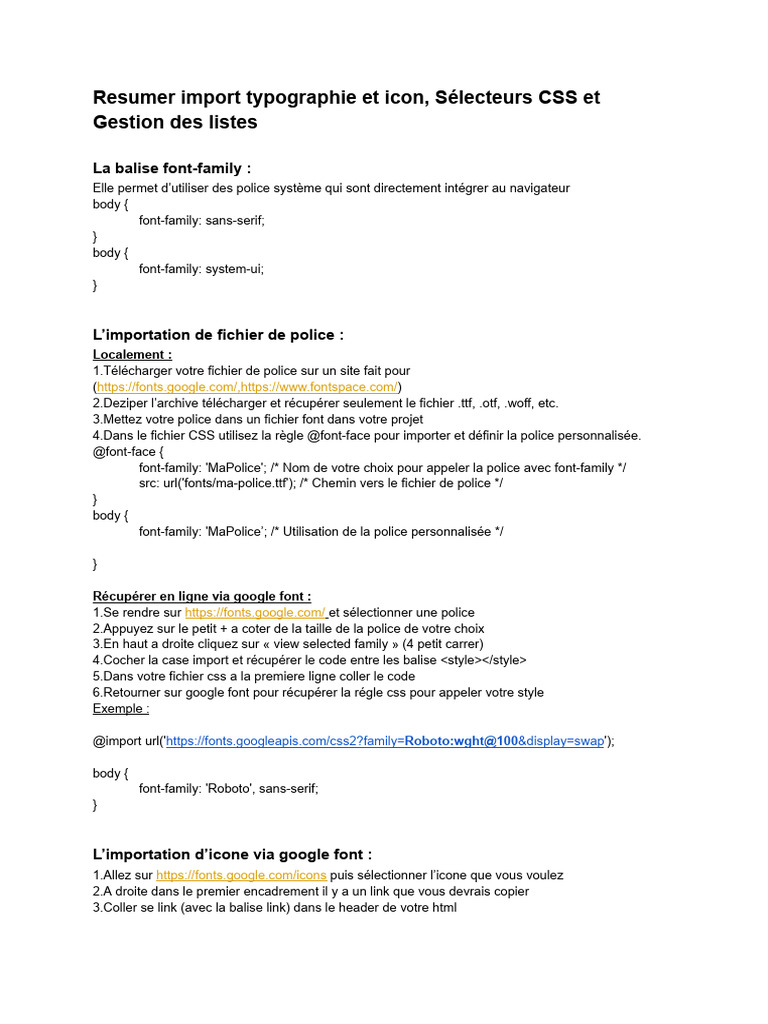 Resumer Import Typographie Et Icon, Sélecteurs CSS Et Gestion Des | PDF