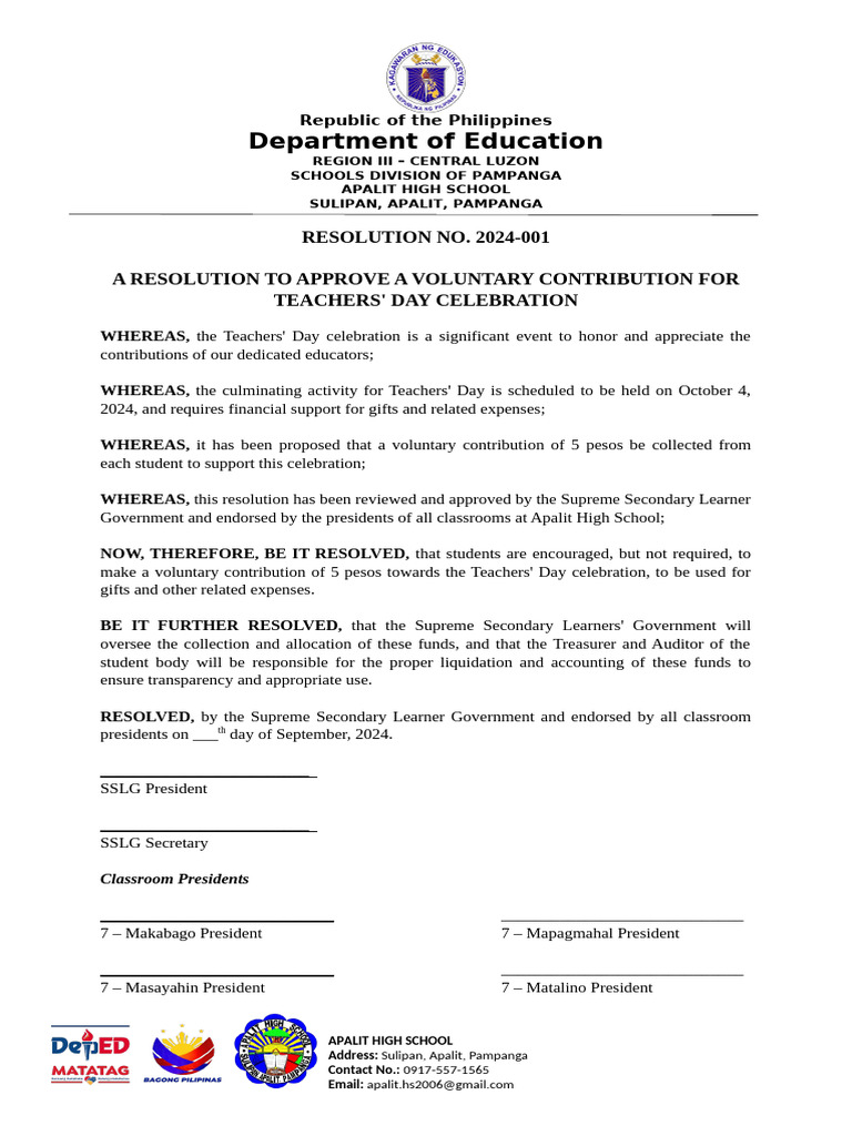 A Resolution To Approve A Voluntary Contribution For Teachers' Day ...