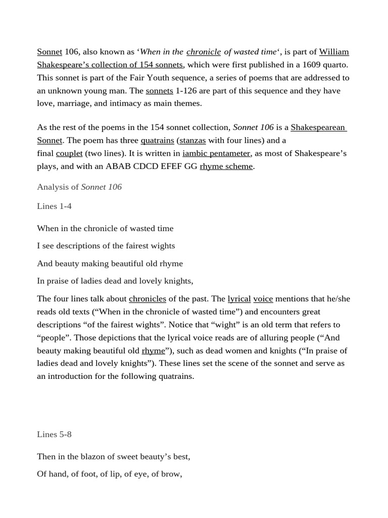 Sonnet 106 Summary Pdf