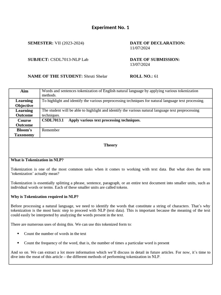 Exp1 Shruti 61 C NLP | PDF