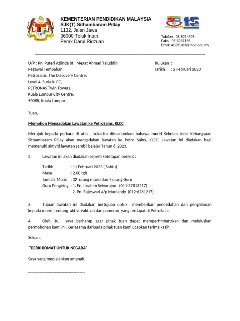 Surat-Lawatan-Ke-Petrosains-Klcc 2023 | PDF