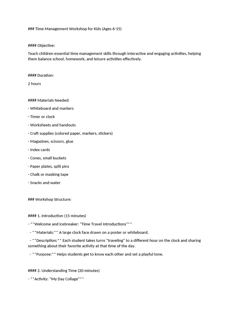 Time Management Workshop For Kids | PDF