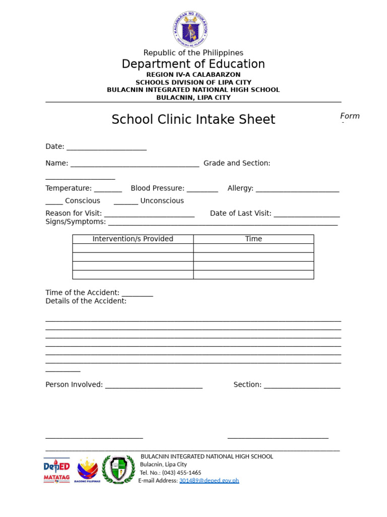 School Clinic Intake Sheet | PDF