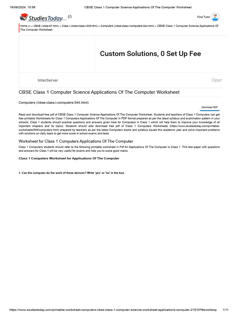 CBSE Class 1 Computer Science Applications of The Computer Worksheet ...