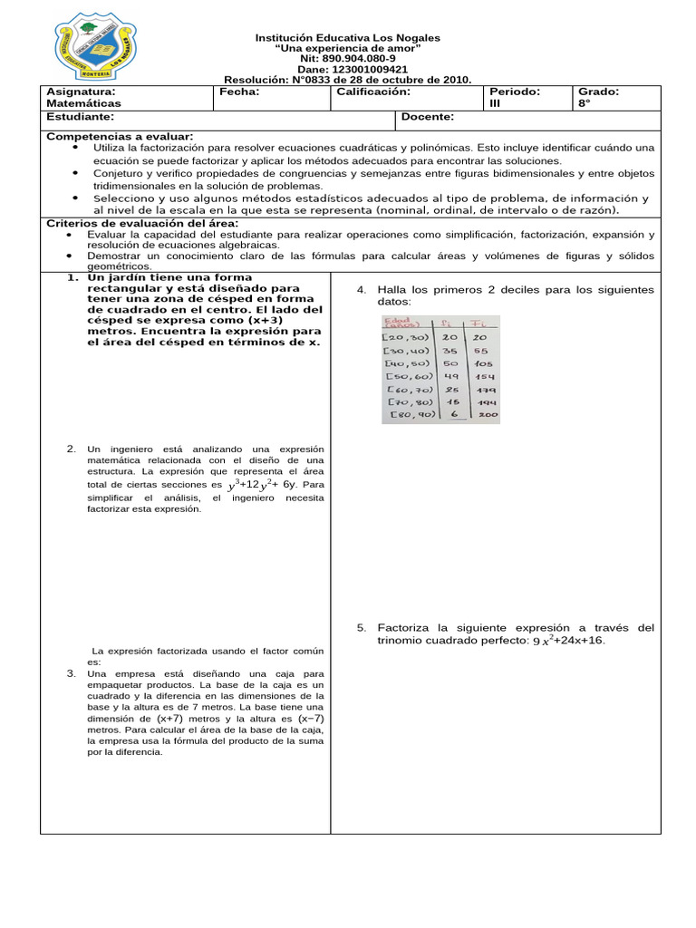 Exámen De Nivelación 8 Iii Periodo Pdf