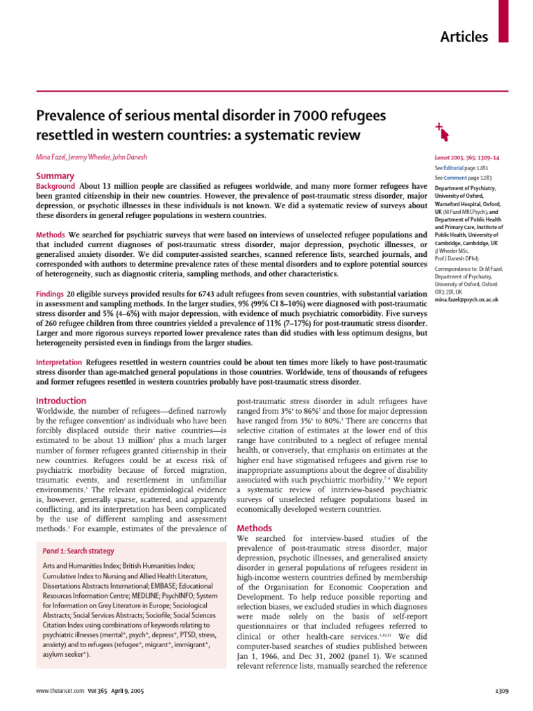 Prevalence of Serious Mental Disorder in 7000 Refugees | PDF
