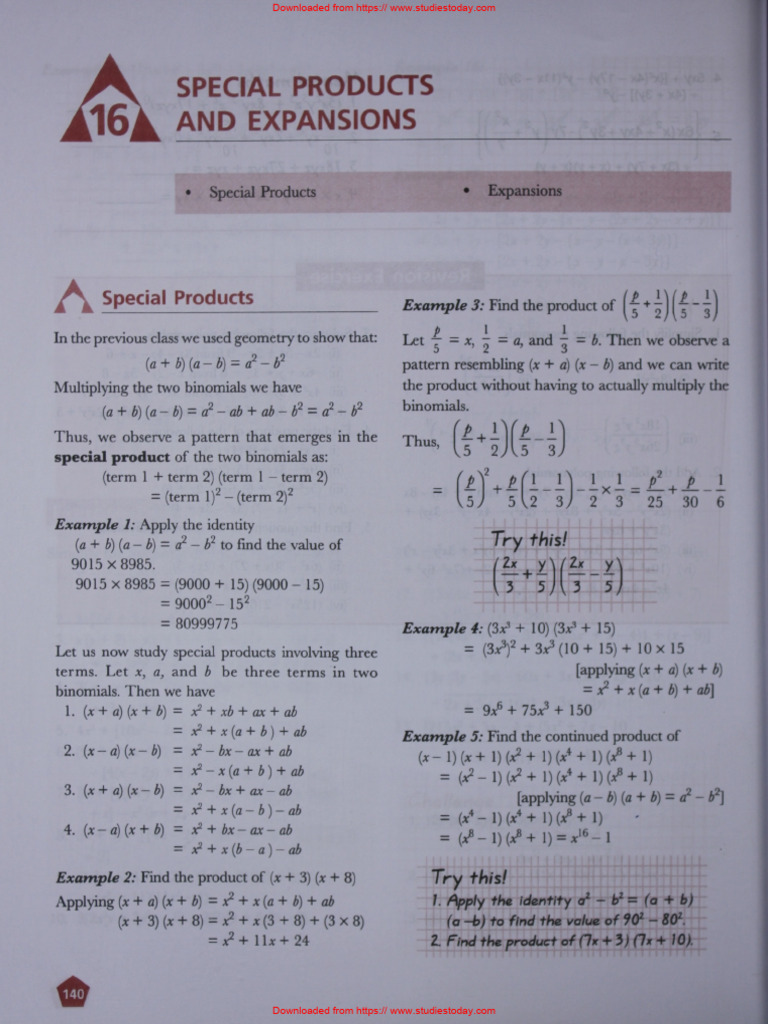 ICSE Class 8 Maths Algebra Chapter 16 Special Products and Expansions | PDF