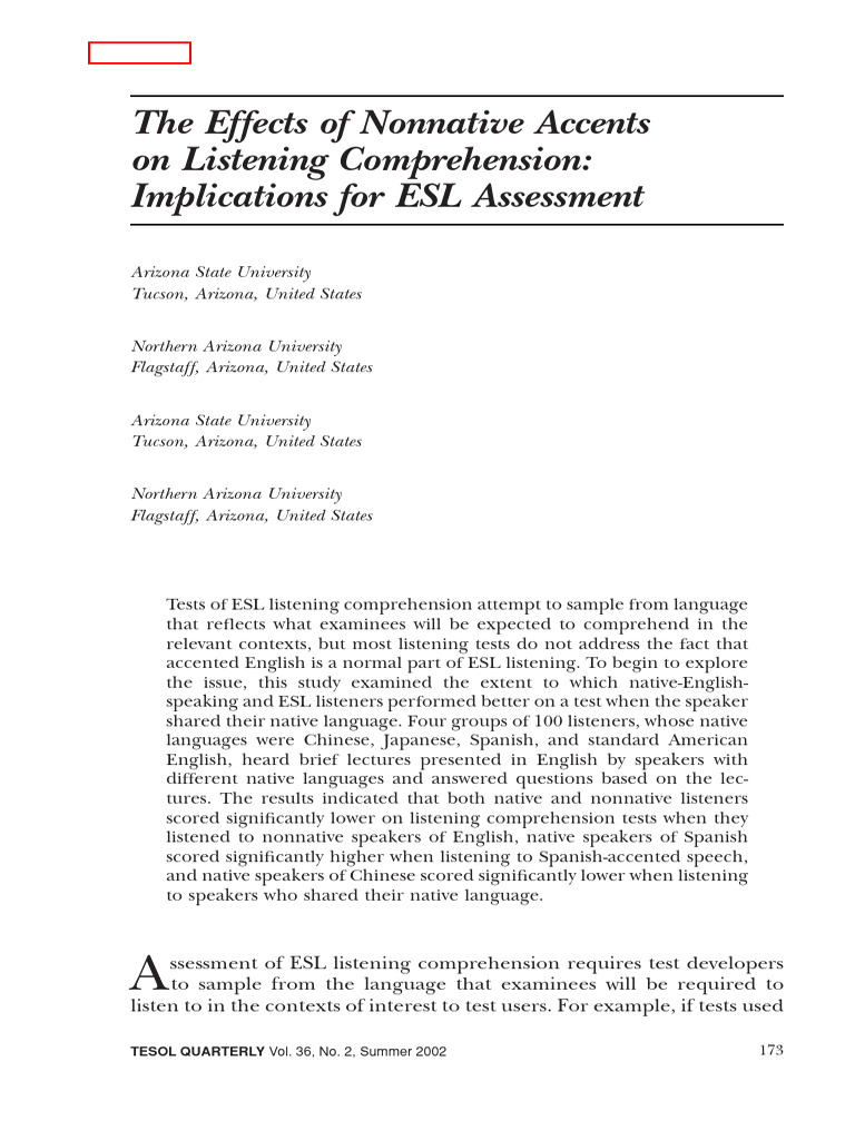 2002 - Major - Effect of Nonnative Accent Listening Comprehension | PDF ...