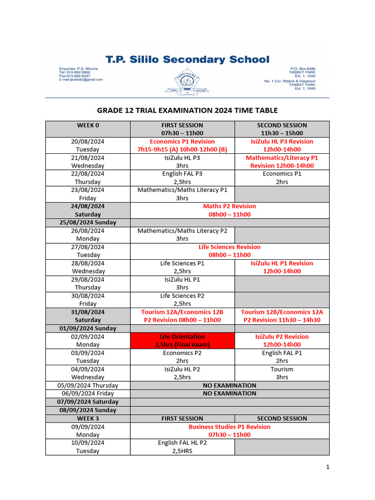 2024 Grade 12 Trial Examination 2024 Time Table | PDF