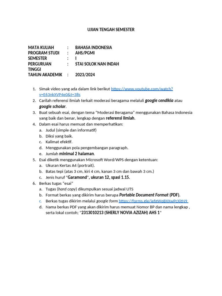 Ujian Tengah Semester Bi (Pgmi 1 & Ahs 1) | PDF