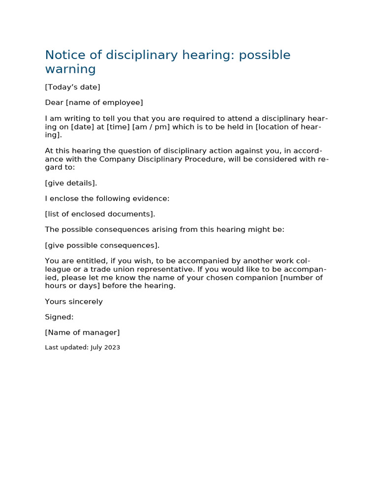 Letter To An Employee Giving Notice of A Disciplinary Hearing Possible ...