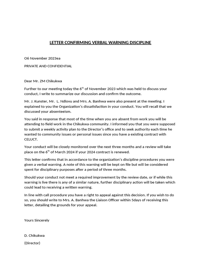 Letter Confirming A Verbal Warning | PDF