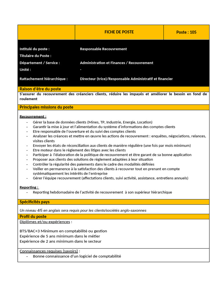 Fiche de Poste - Responsable Recouvrement | PDF