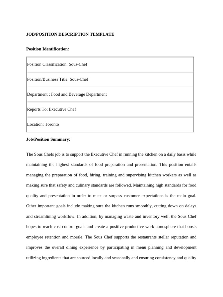 Job Description Assignment Template | PDF | Chef | Menu