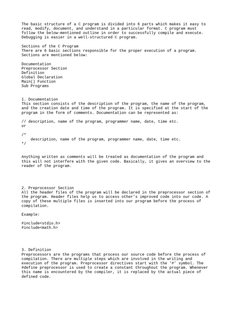 The Basic Structure of A C Program | PDF