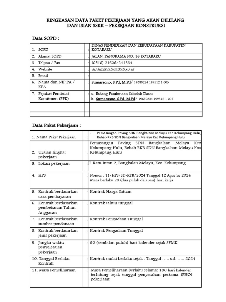 Ringkasan Data Paket Pekerjaan | PDF