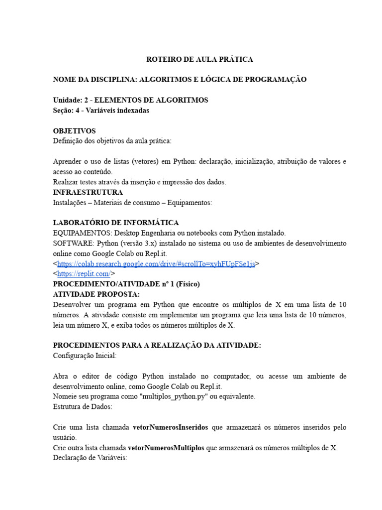 ROTEIRO DE AULA PRÁTICA NOME DA DISCIPLINA - ALGORITMOS E LÓGICA DE ...