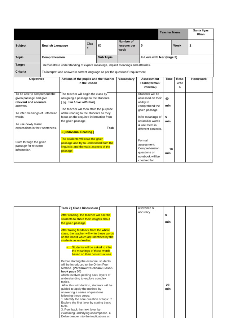 Term 1 Week 2 LP Eng Grade 9 Sania Ilyas | PDF
