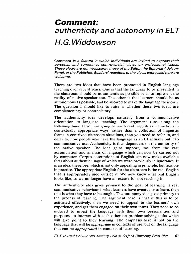 Authenticity and Autonomy in ELT WIDDOWSON | PDF | Learning | Language Arts & Discipline